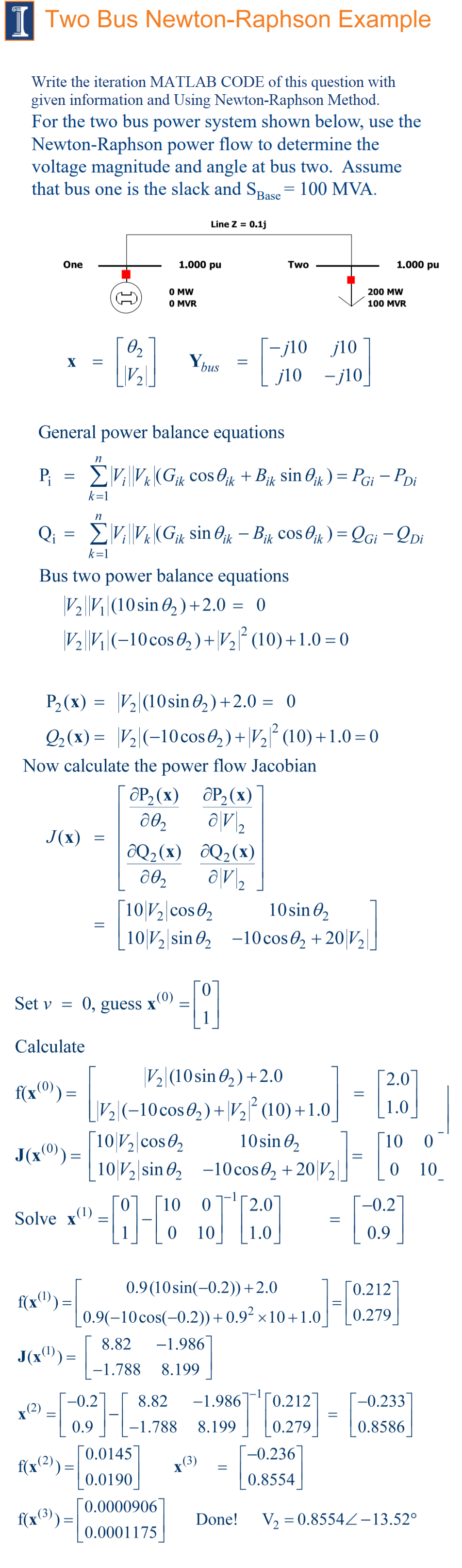 Solved 1 Two Bus Newton-Raphson Example Write the iteration | Chegg.com
