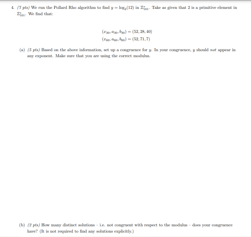 4. (7 pts) We run the Pollard Rho algorithm to find y | Chegg.com