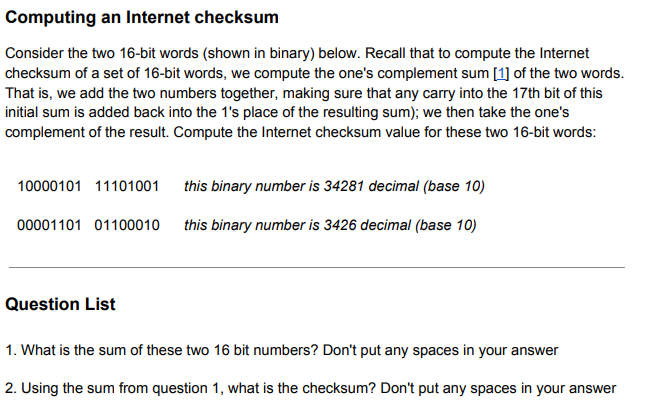 Solved Computing an Internet checksum Consider the two | Chegg.com