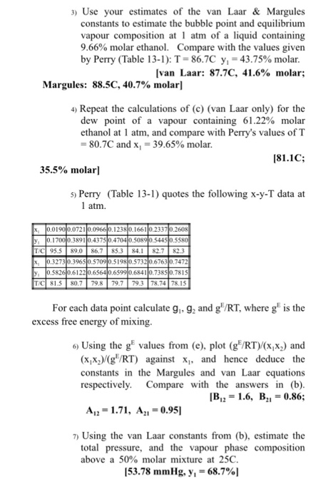 ) Use your estimates of the van Laar &Margules | Chegg.com