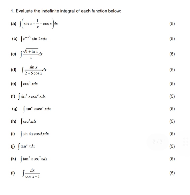 Solved 1. Evaluate the indefinite integral of each function | Chegg.com