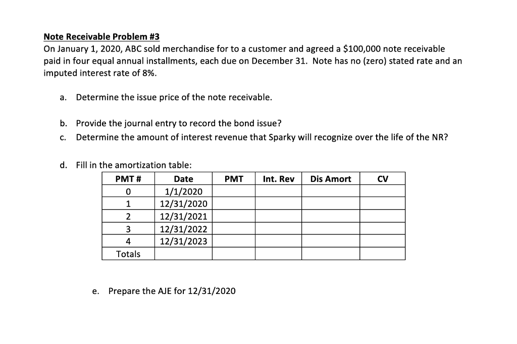 Solved Note Receivable Problem #3 On January 1, 2020, ABC | Chegg.com