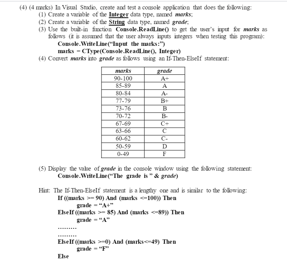 Solved (4) (4 marks) In Visual Studio, create and test a | Chegg.com