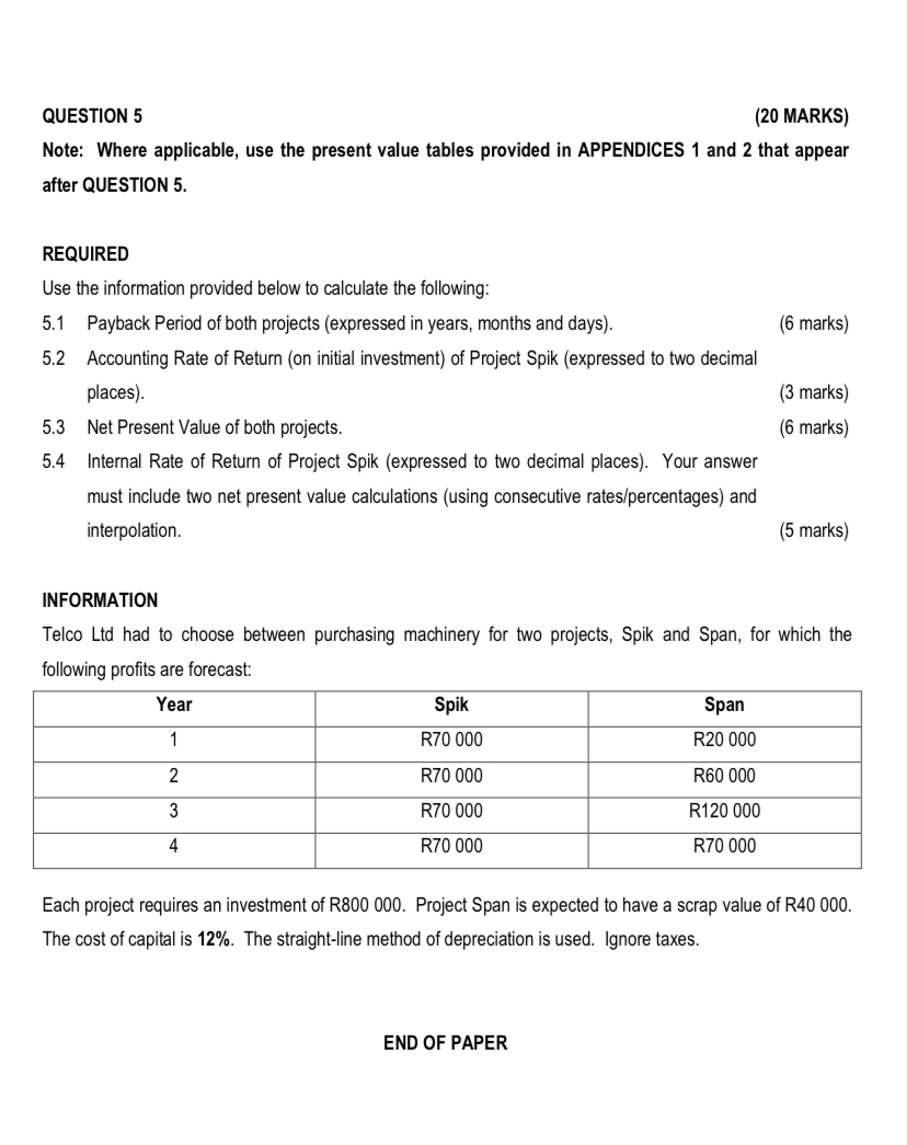 Solved QUESTION 5 (20 MARKS) Note: Where applicable, use the | Chegg.com