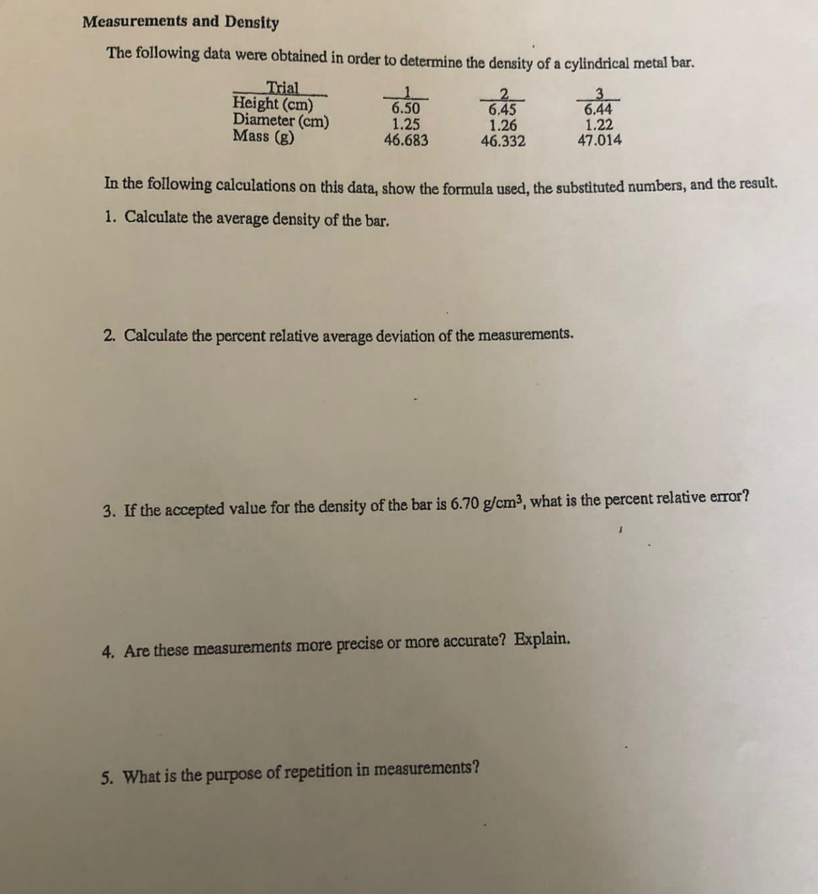 Solved Measurements and DensityThe following data were | Chegg.com
