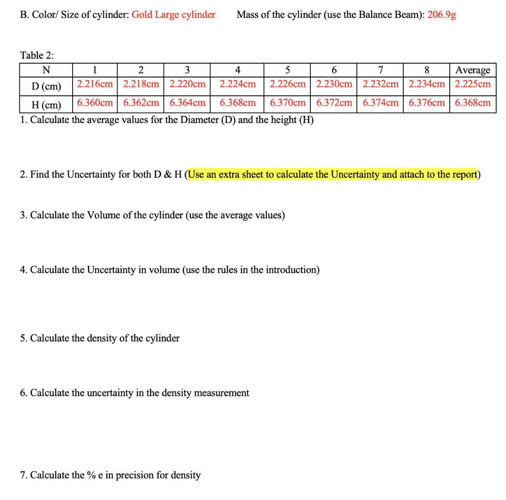 Solved B. Color/ Size of cylinder: Gold Large cylinder Mass | Chegg.com