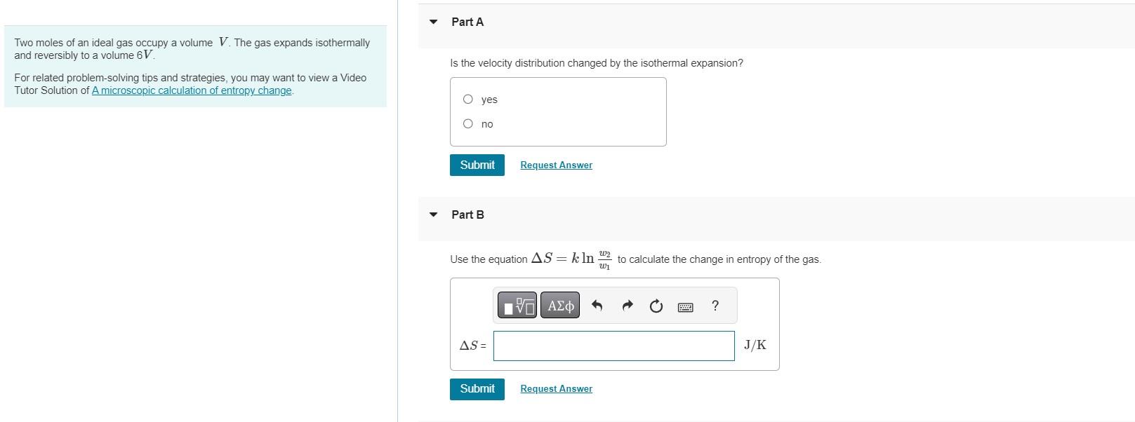 Solved Two moles of an ideal gas occupy a volume V. The gas | Chegg.com