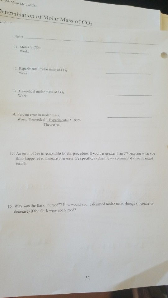 Data Report: Determination of Molar Mass of CO2 | Chegg.com
