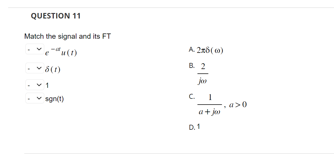 Solved Match the signal and its FT e−atu(t)δ(t)1 A. 2πδ(ω) | Chegg.com