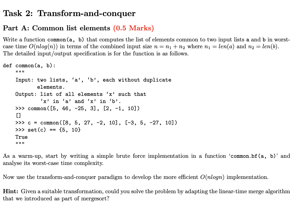 Solved Task 2: Transform-and-conquer Part A: Common list | Chegg.com