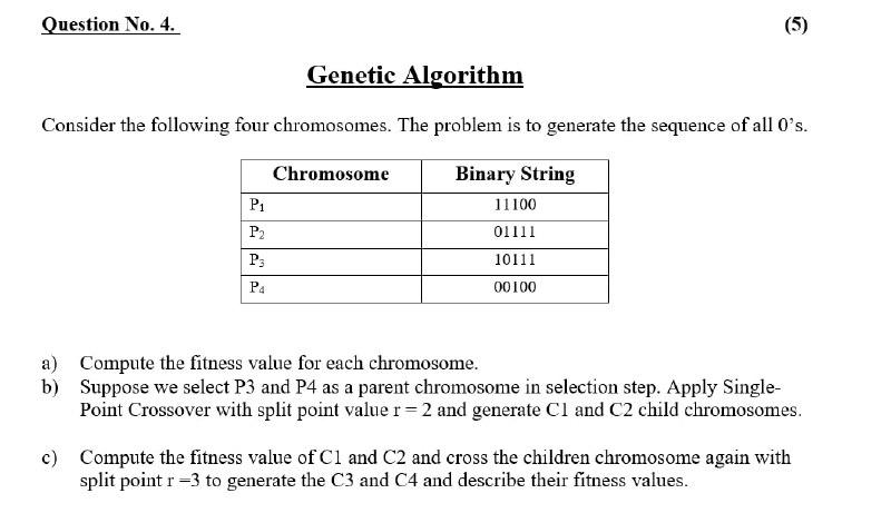 Solved Question No. 4. (5) Genetic Algorithm Consider the | Chegg.com