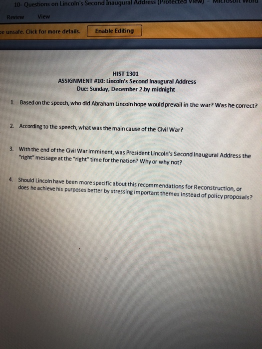 10- Questions on Lincoln's Second Inaugural Address | Chegg.com