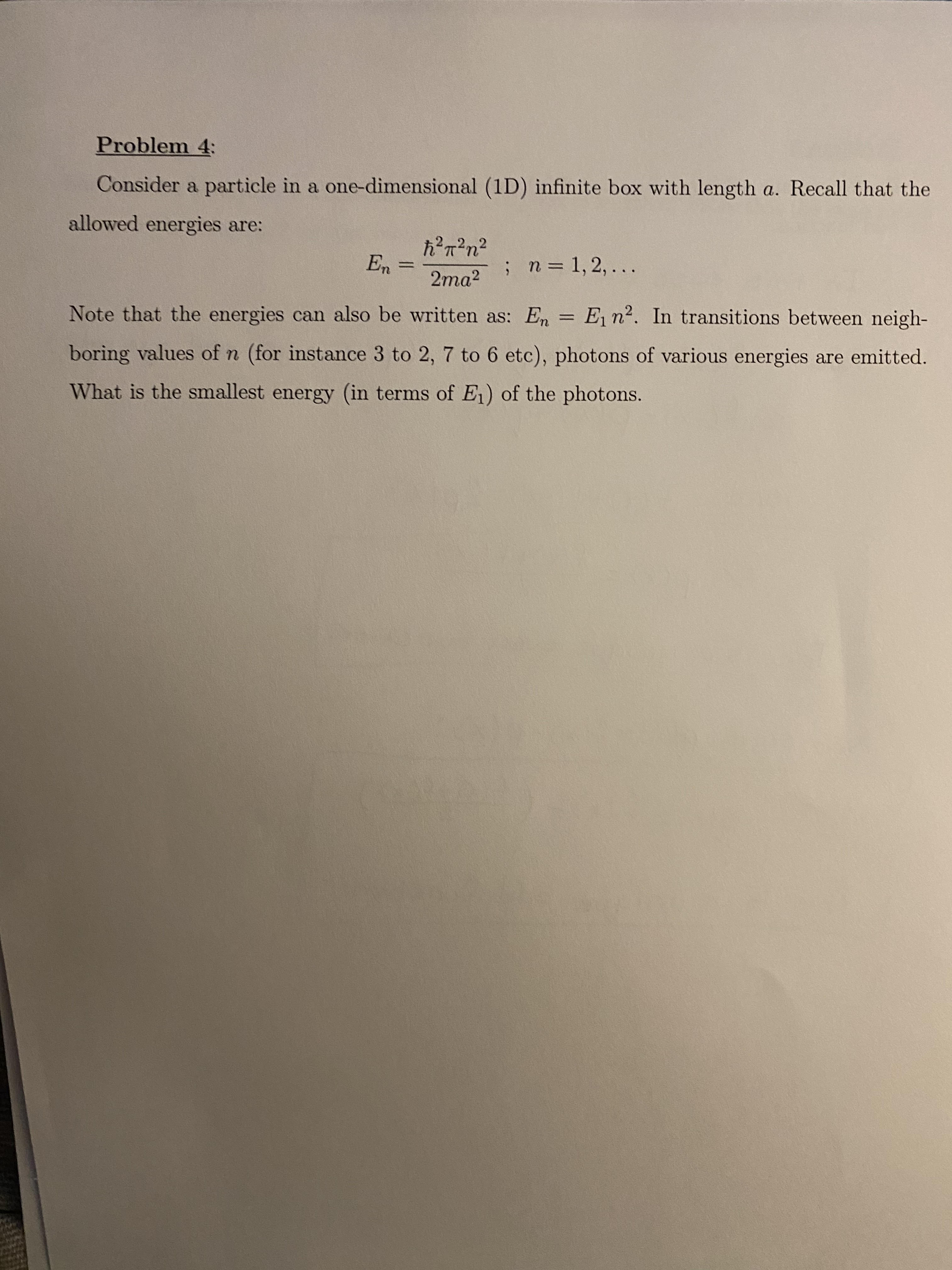 Solved Problem 4: Consider a particle in a one-dimensional | Chegg.com