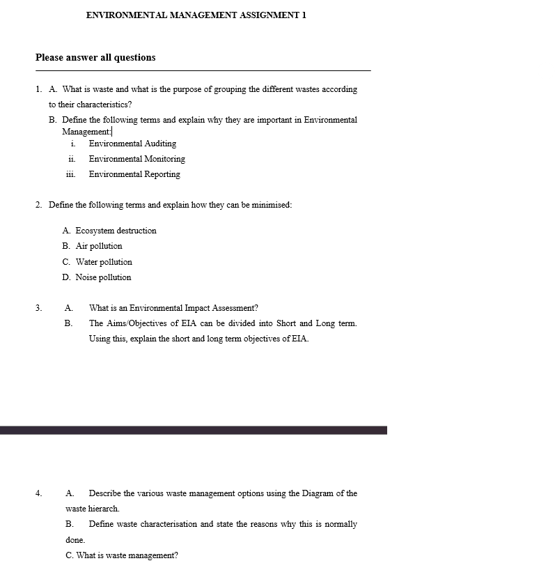 Solved ENVIRONMENTAL MANAGEMENT ASSIGNMENT 1 Please answer | Chegg.com