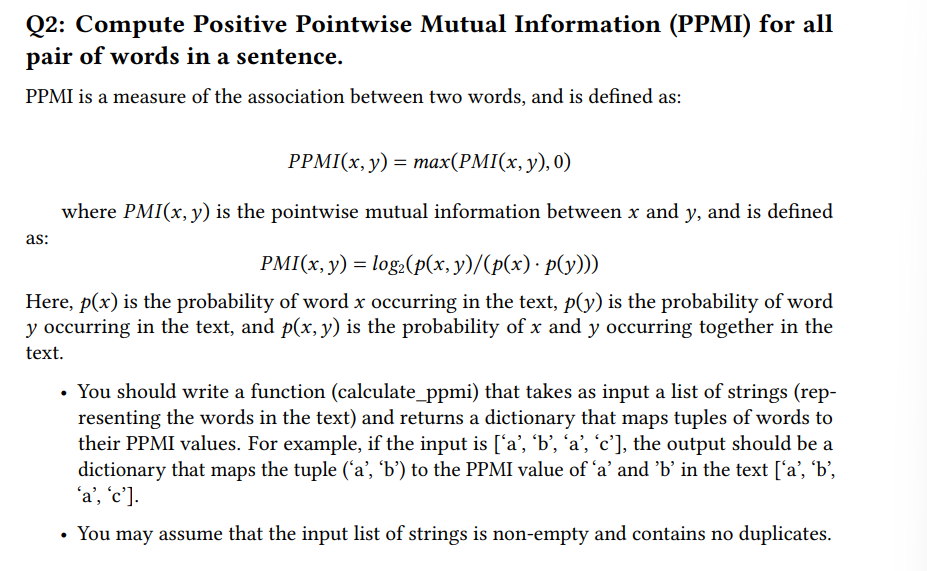 Solved by an EXPERT Q2: Compute Positive Pointwise Mutual Information ...