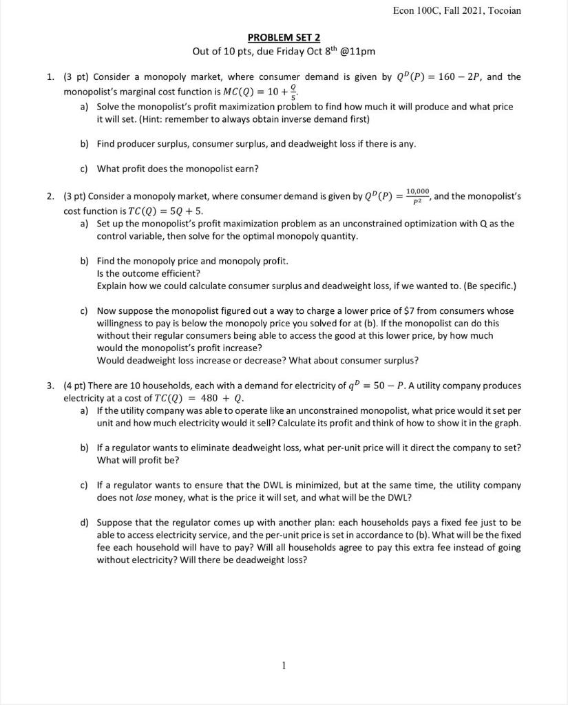Econ 100C, Fall 2021, Tocoian PROBLEM SET 2 Out of 10 | Chegg.com