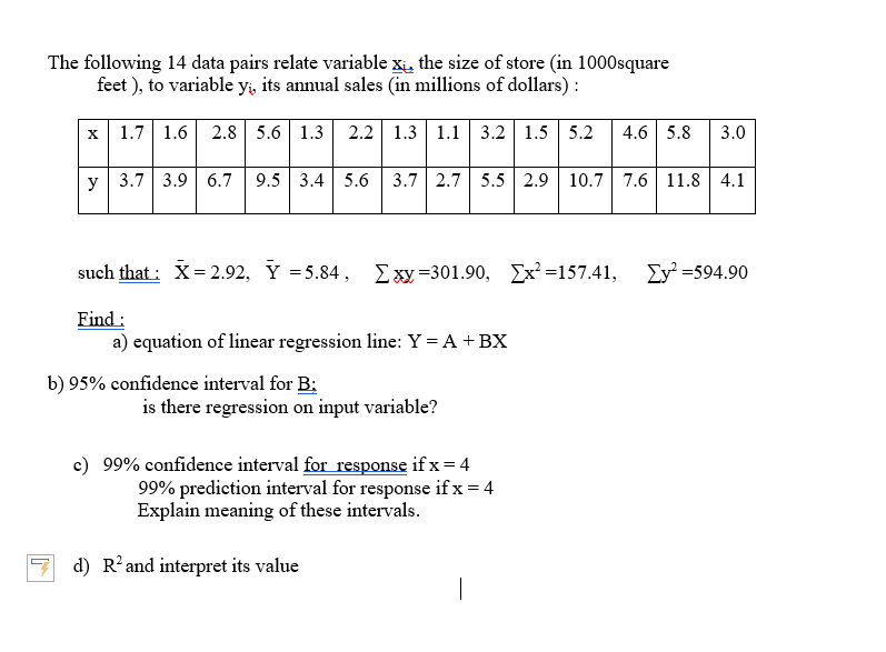 Solved The following 14 data pairs relate variable X, the | Chegg.com