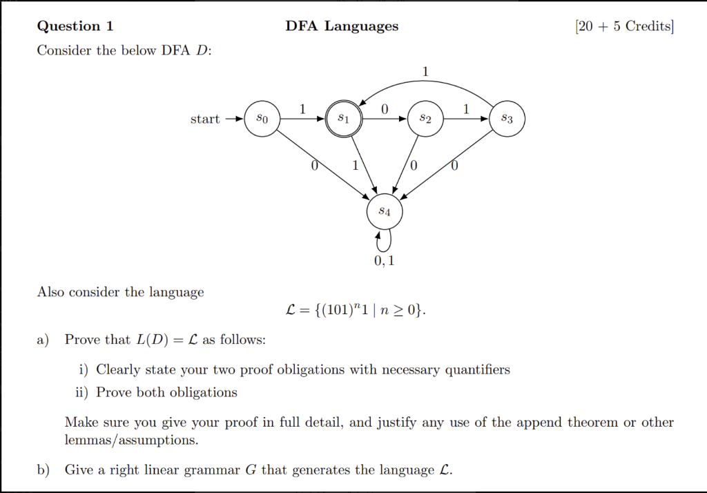Question 1 DFA Languages [20+5 Credits ] Consider the | Chegg.com