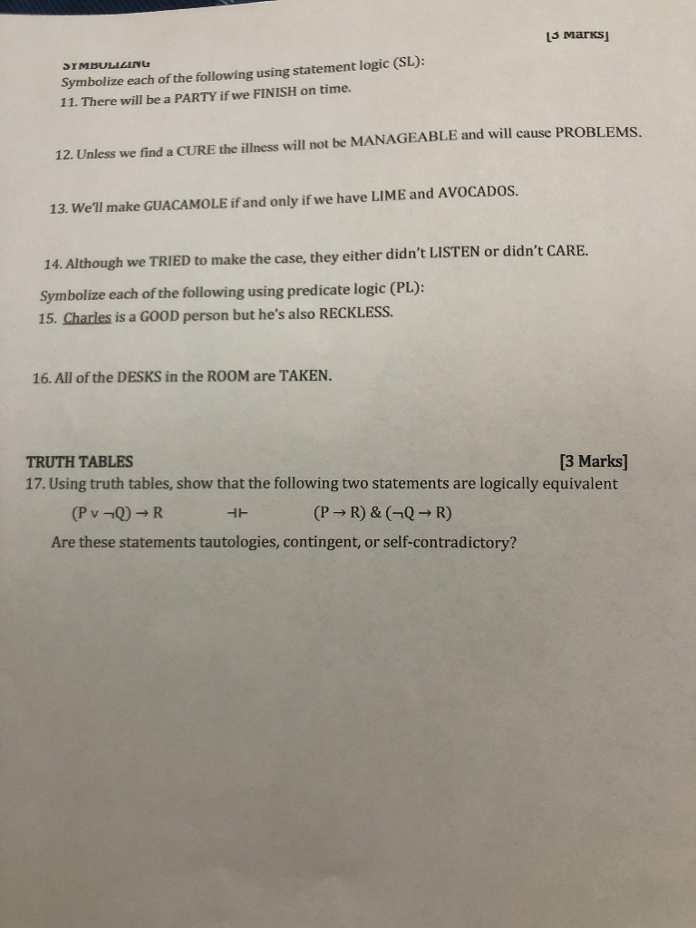Solved [3 marks] SYMBULIZING Symbolize each of the following | Chegg.com