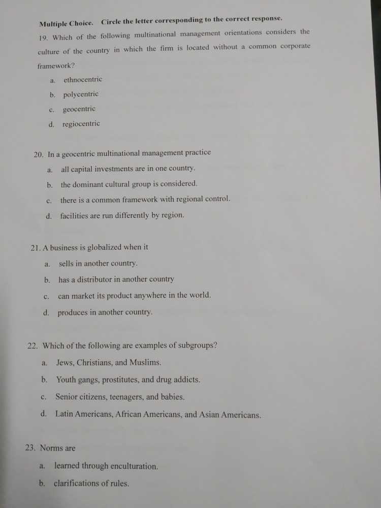 Solved Multiple Choice. Circle the letter corresponding to | Chegg.com