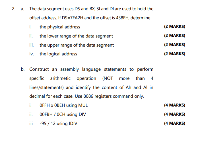 Solved 2. a. The data segment uses DS and BX, SI and Dl are | Chegg.com