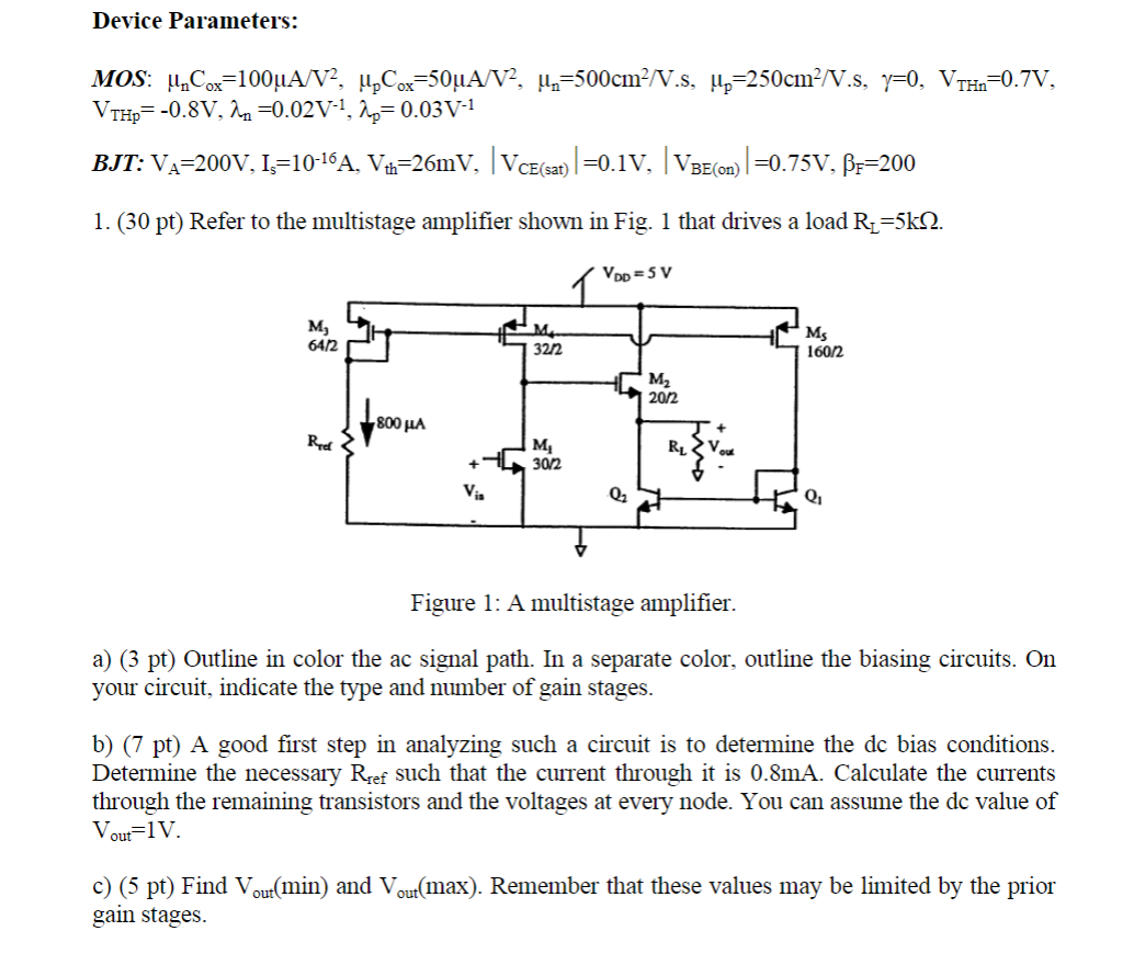 Device Parameters: MOS: unCox=100ĻA/V2, 4 | Chegg.com