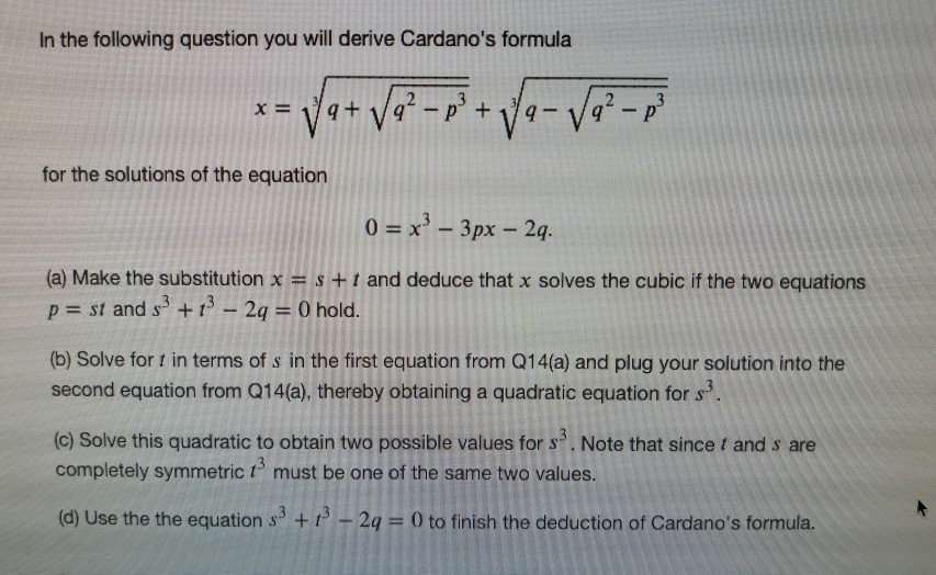 Solved In the following question you will derive Cardano's | Chegg.com
