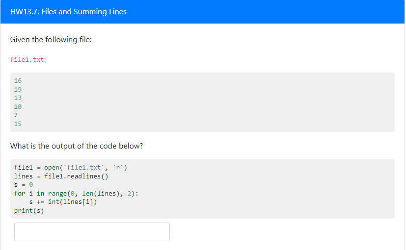 Solved HW13.7. Files and Summing Lines Given the following | Chegg.com
