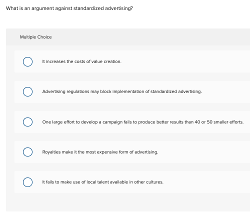 Solved What is an argument against standardized advertising? | Chegg.com
