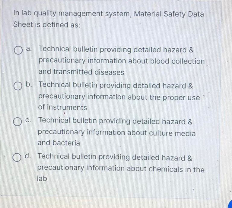 Solved In lab quality management system, Material Safety | Chegg.com