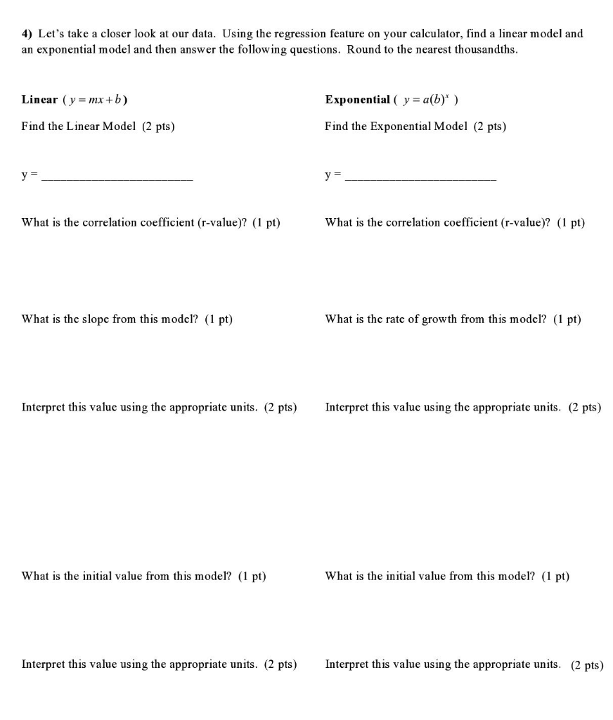 College Algebra question: How to find Linear y=mx+b | Chegg.com