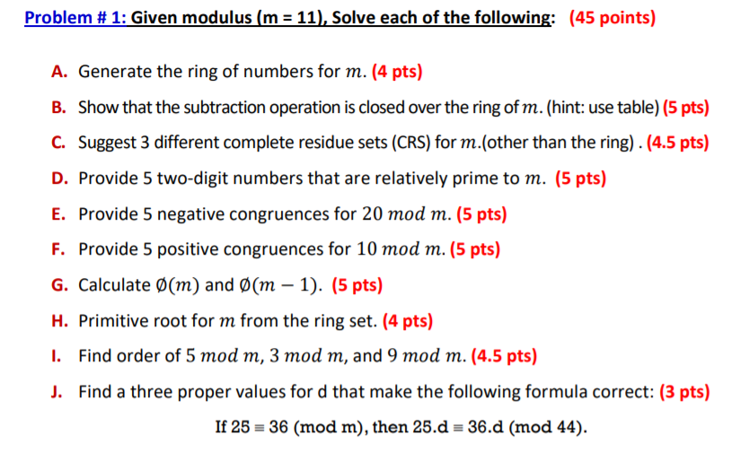 Solved Problem # 1: Given modulus (m = 11), Solve each of | Chegg.com