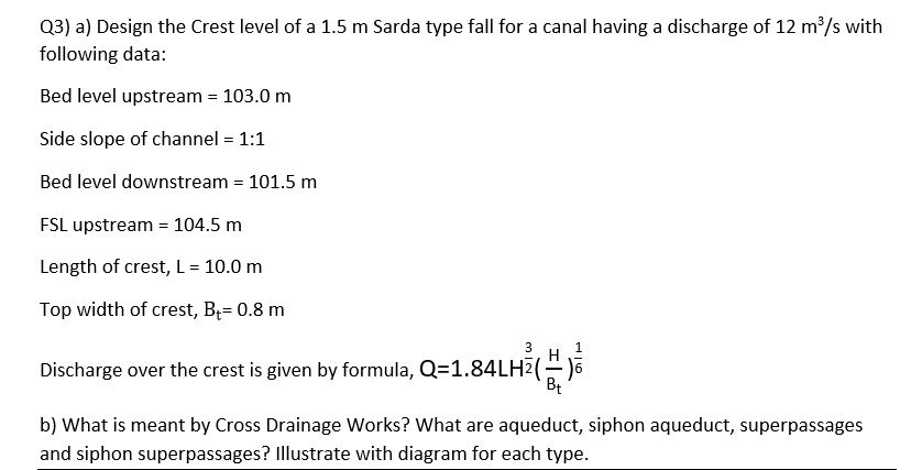 Solved Q3) a) Design the Crest level of a 1.5 m Sarda type | Chegg.com