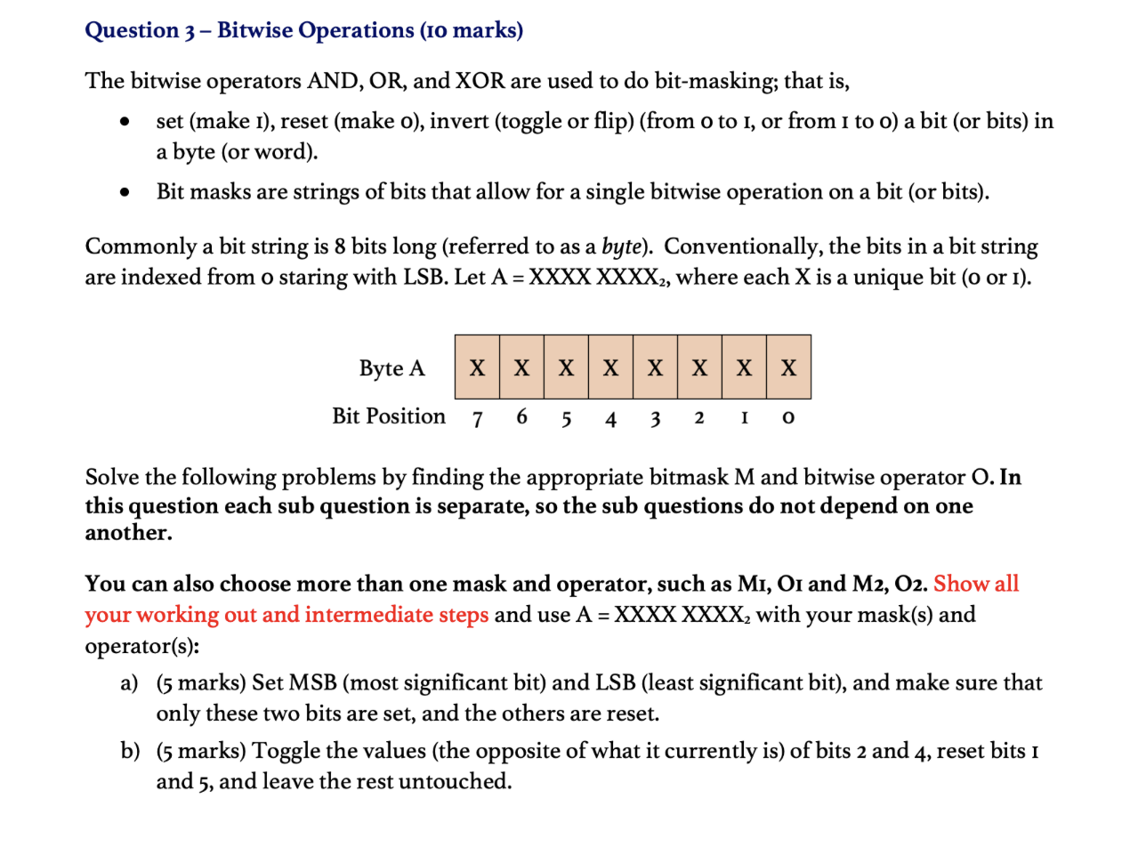 Solved Question 3 - Bitwise Operations (Io marks) The | Chegg.com