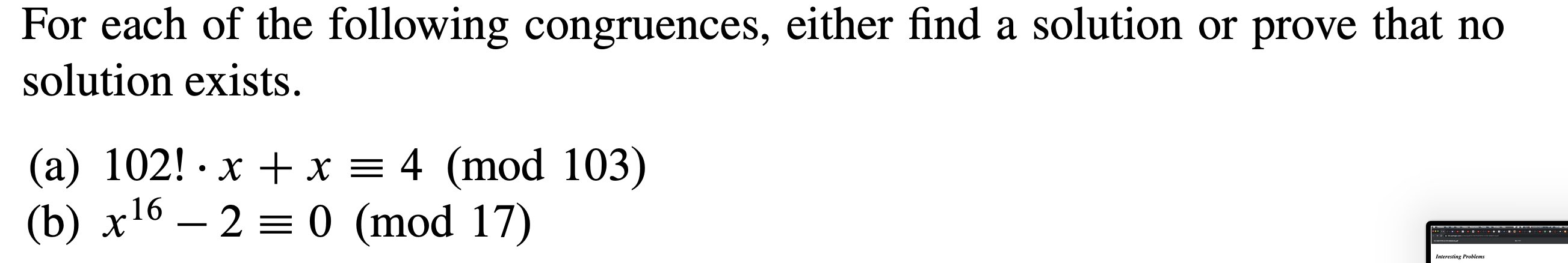 Solved For each of the following congruences, either find a | Chegg.com