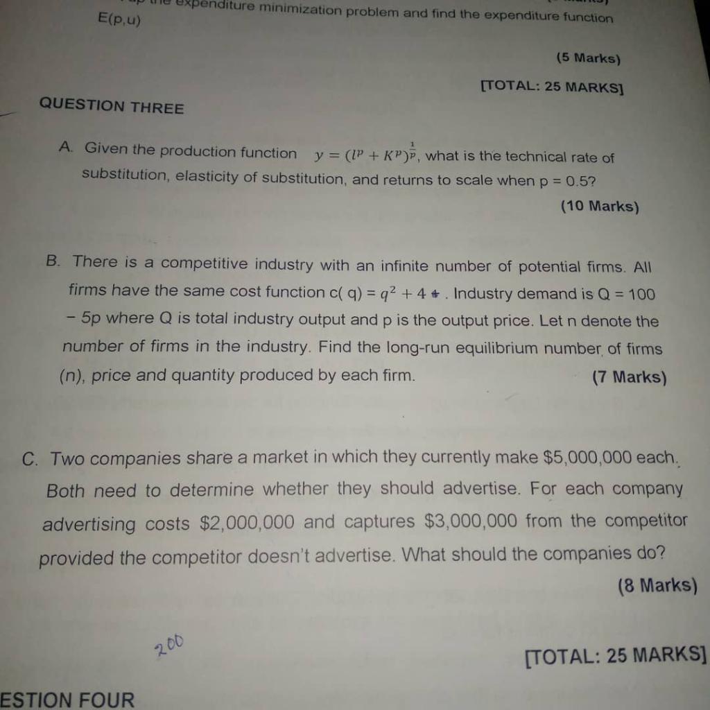 Solved E(p,u) (5 Marks) [TOTAL: 25 MARKS] QUESTION THREE A. | Chegg.com