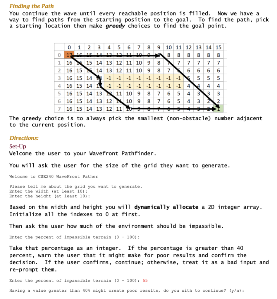 Solved Specifications: Option #1 - Wavefront Path Finder | Chegg.com