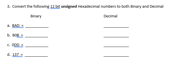 Solved 3. Convert the following 12 bit unsigned Hexadecimal | Chegg.com