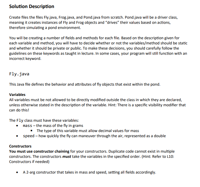 Solved Solution Description Create files the files Fly.java, | Chegg.com