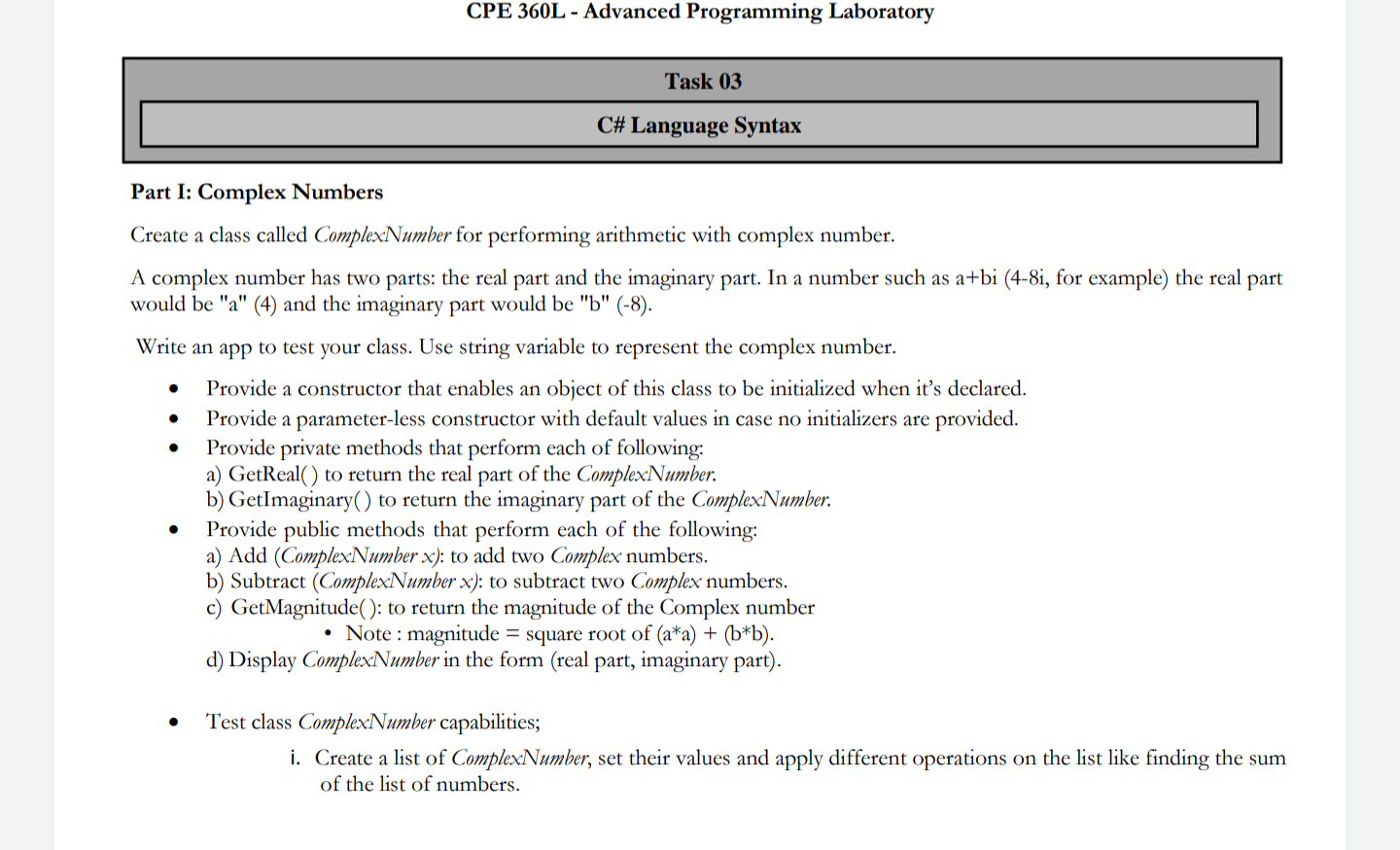 Solved CPE 360L - Advanced Programming Laboratory Part I: | Chegg.com