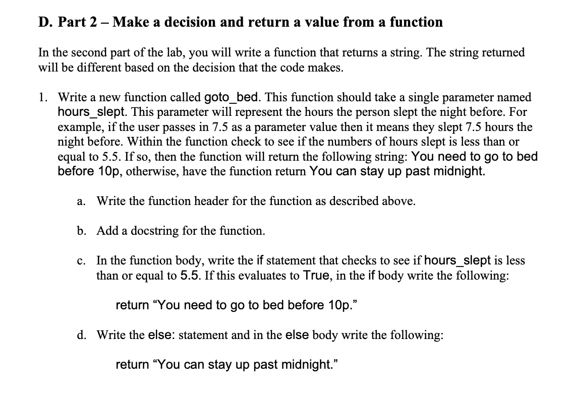Solved D. Part 2 - Make a decision and return a value from a | Chegg.com