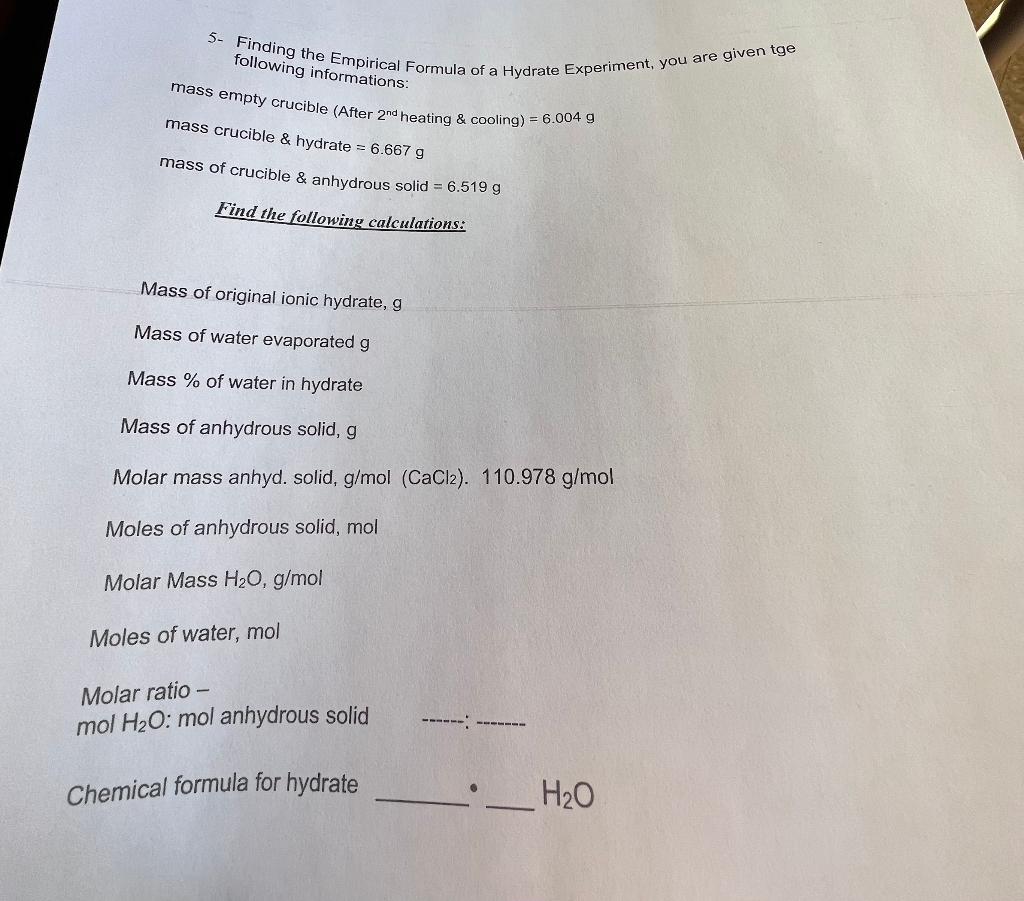 Solved 5. Finding the Empirical Formula of a Hydrate | Chegg.com