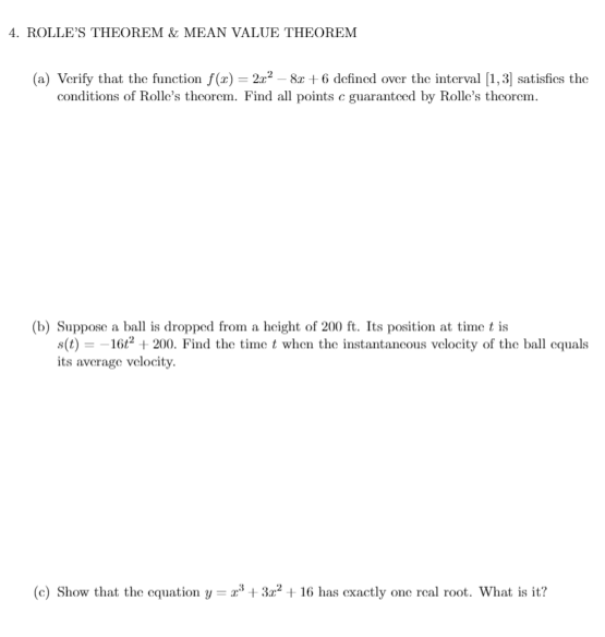 Solved 4. ROLLE'S THEOREM & MEAN VALUE THEOREM (a) Verify | Chegg.com