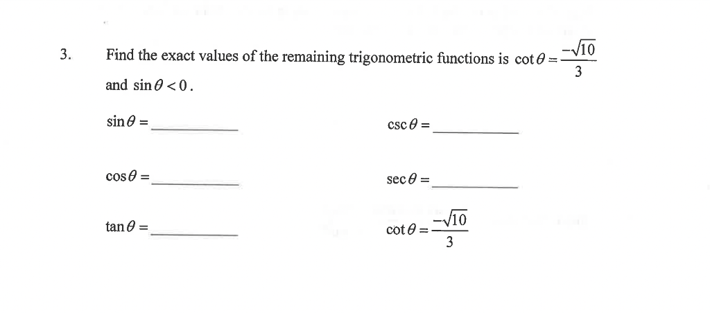 Solved Find the exact values of the remaining trigonometric | Chegg.com