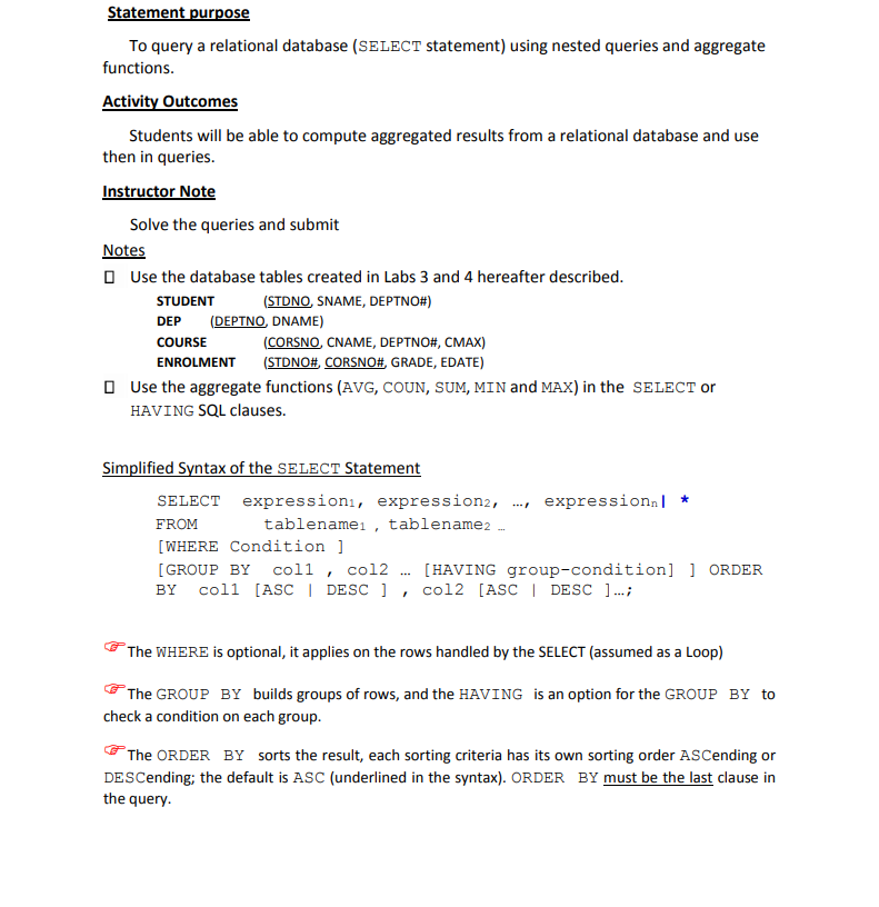 Statement purpose To query a relational database | Chegg.com