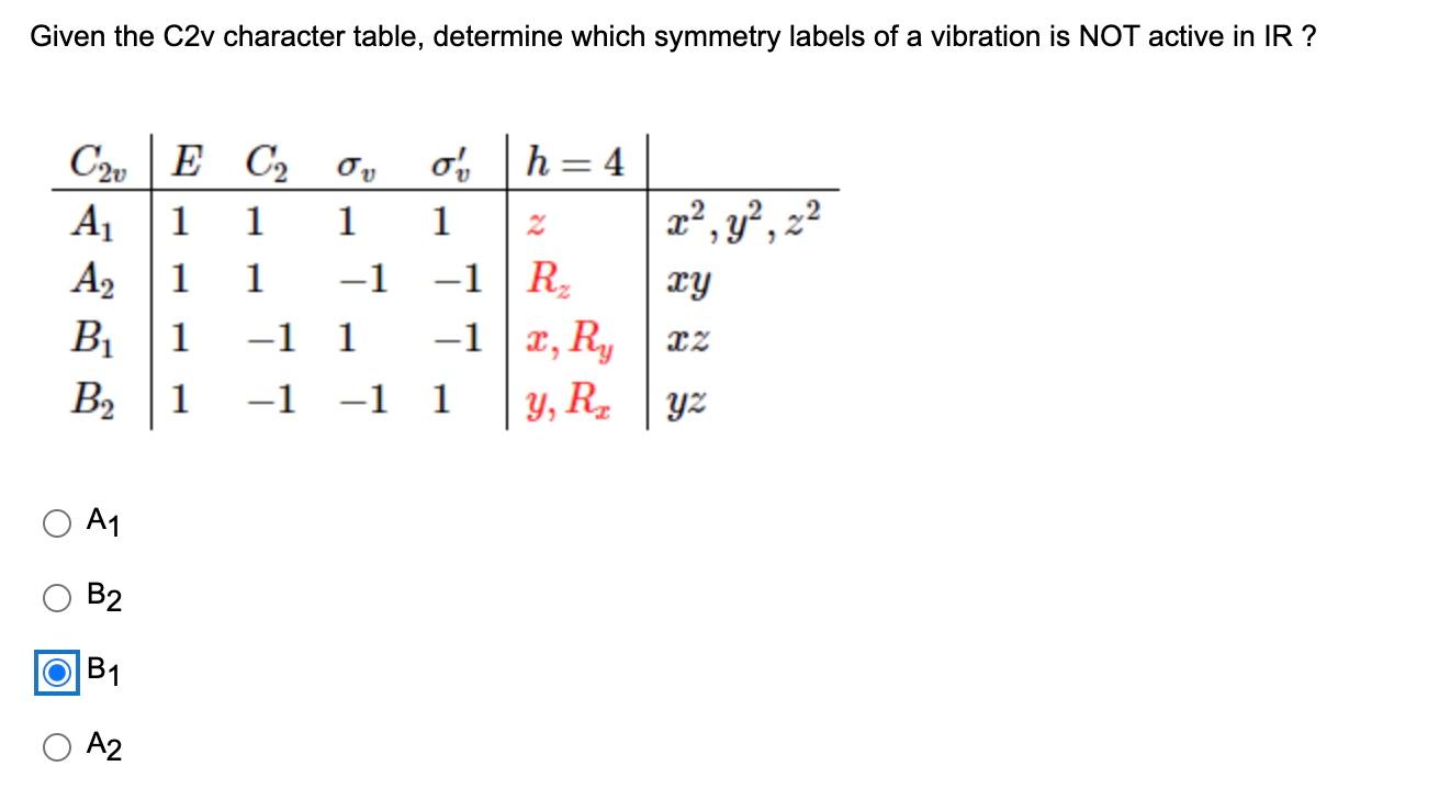 Solved Given the C2v character table, determine which | Chegg.com