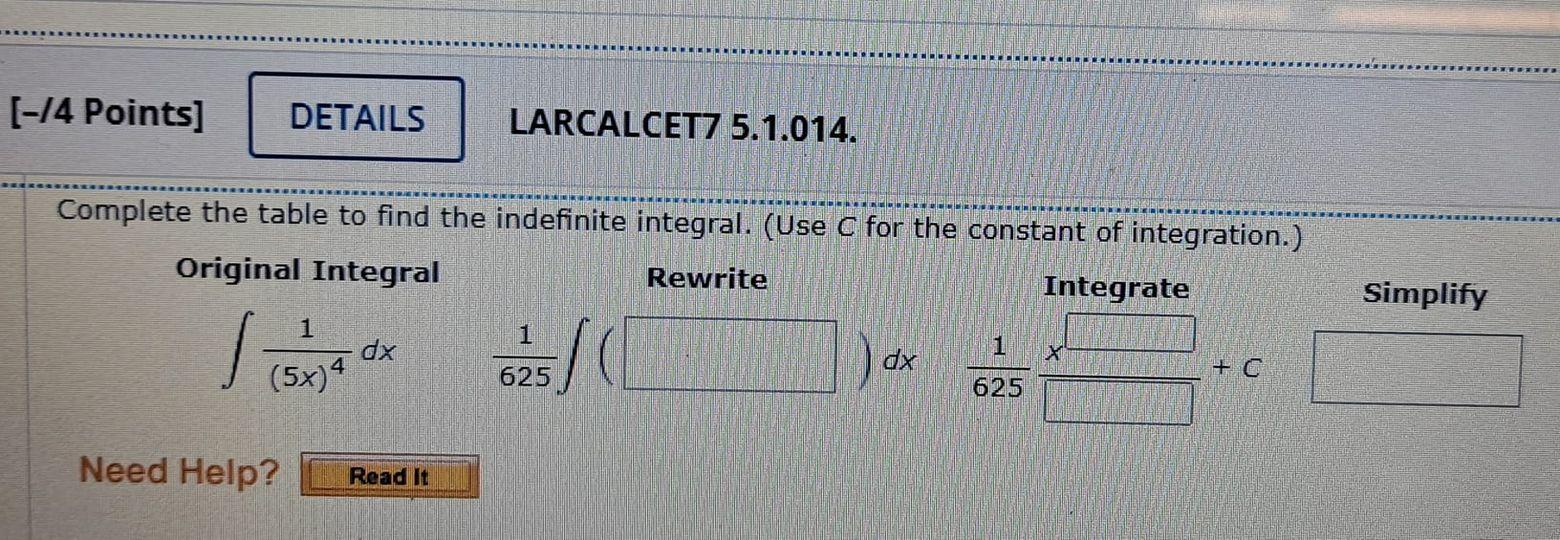 Solved Complete the table to find the indefinite integral. | Chegg.com