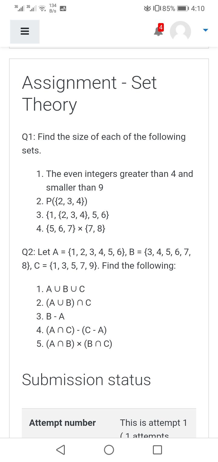 Solved 134 B/s • [{85% 11 4:10 III Assignment - Set Theory | Chegg.com