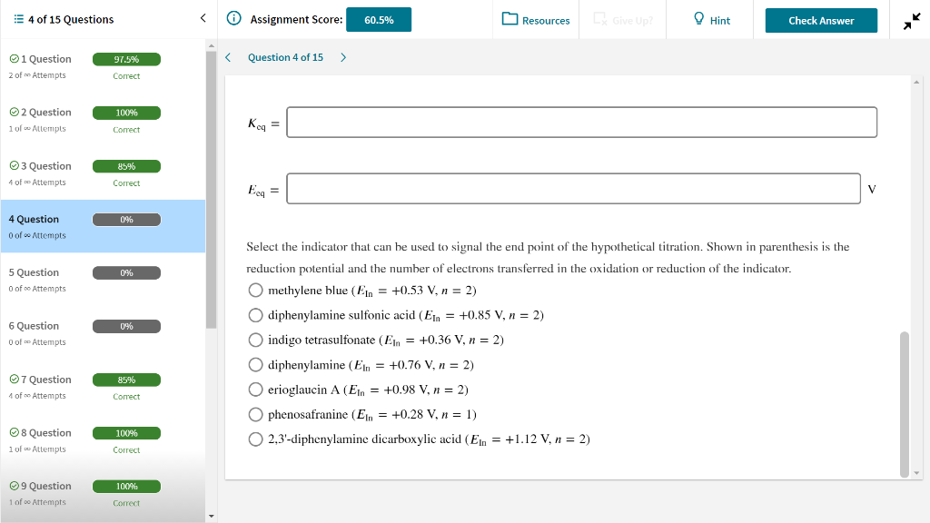 Solved 4 of 15 Questions Assignment Score: 60.5% Resources | Chegg.com