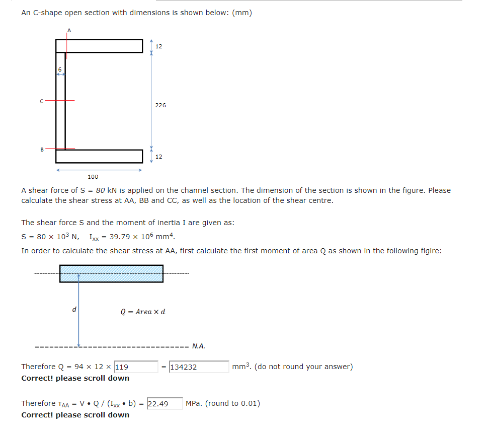 Solved An C-shape open section with dimensions is shown | Chegg.com
